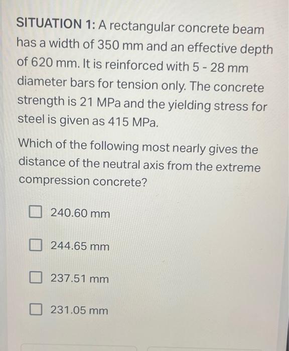 Solved SITUATION 1: A rectangular concrete beam has a width | Chegg.com