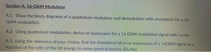 Solved Section A: 16-QAM Modulator A.1. Draw the block | Chegg.com