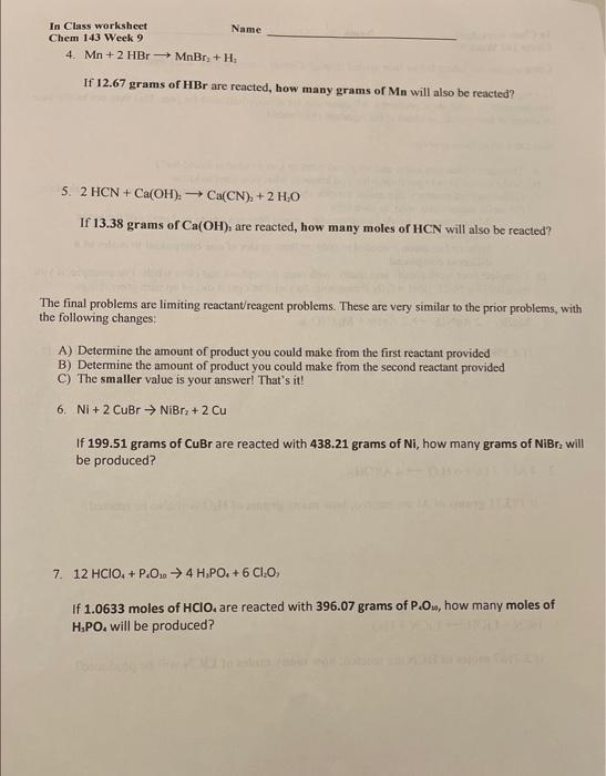 Solved In Class worksheet Name Chem 143 Week 9 4. | Chegg.com