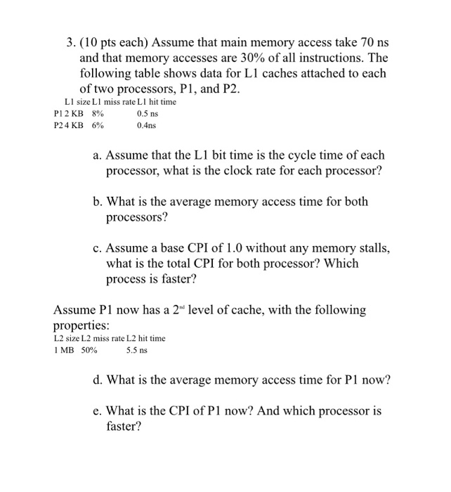 Solved 3. (10 pts each) Assume that main memory access take | Chegg.com