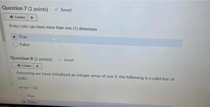 Solved Array Lists can have more than one (1) dimension. | Chegg.com