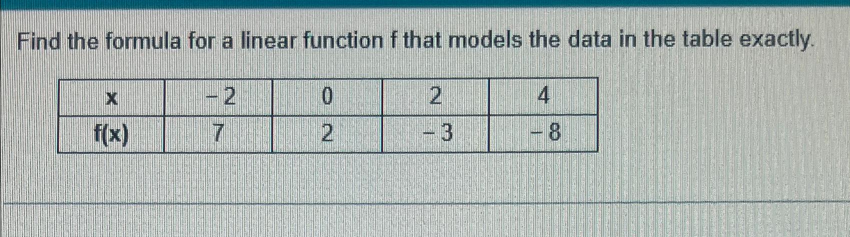 Solved Find the formula for a linear function f ﻿that models | Chegg.com