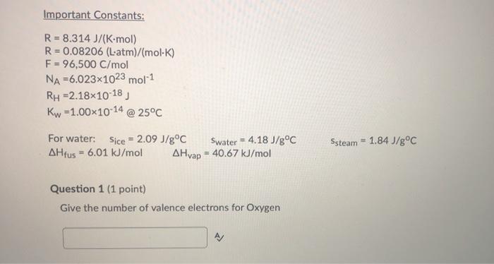 Solved Important Constants: R = 8.314 J/(K-mol) R = 0.08206 | Chegg.com