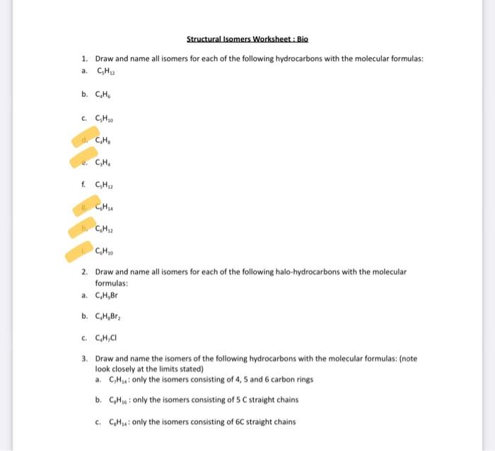 Solved Structural lsomers Worksheet: Bio 1. Draw and name | Chegg.com