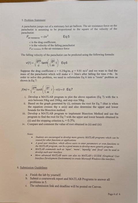 Solved 5. Problem Statement: A parachatist jumps out of a | Chegg.com