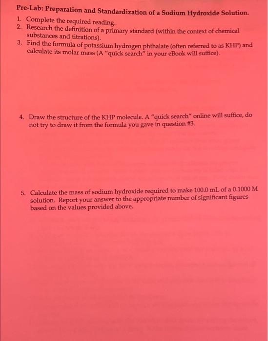 Solved Pre-Lab: Preparation and Standardization of a Sodium | Chegg.com