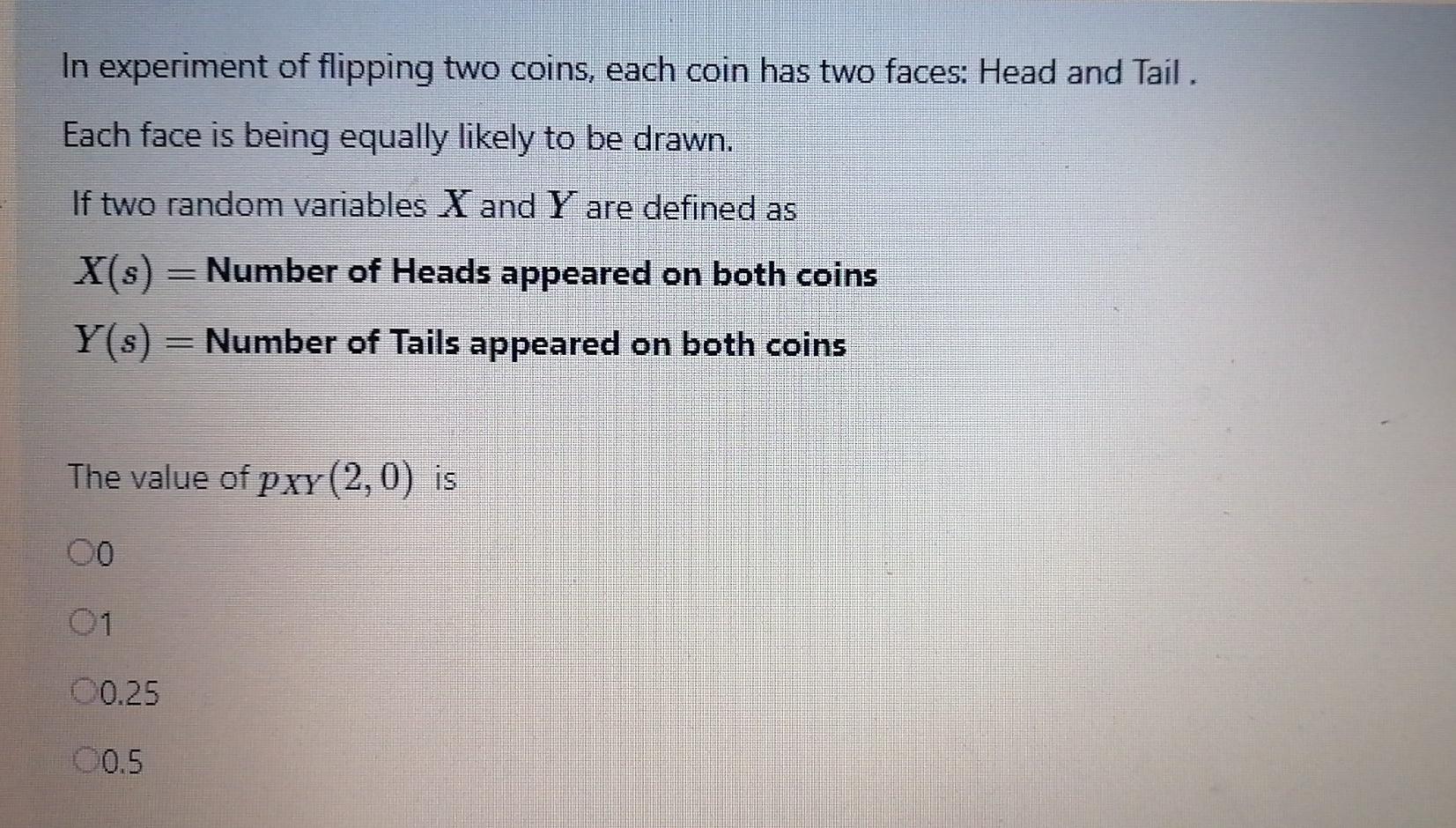 Solved In experiment of flipping two coins, each coin has | Chegg.com