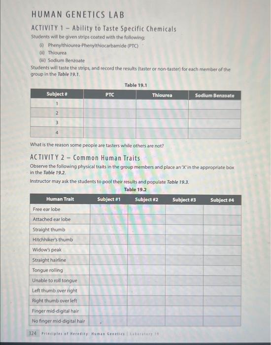 Solved HUMAN GENETICS LAB ACTIVITY 1 - Ability to Taste | Chegg.com