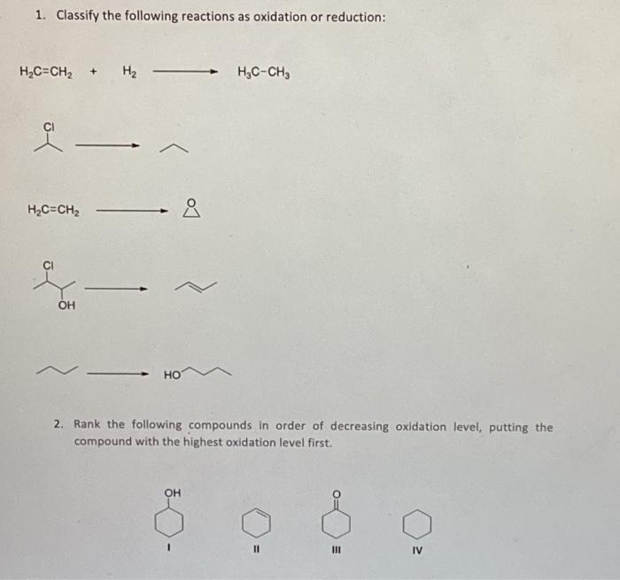 Solved 1. Classify the following reactions as oxidation or | Chegg.com