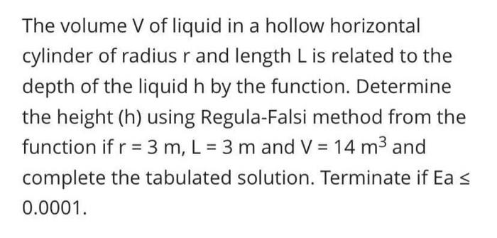 The volume V of liquid in a hollow horizontal | Chegg.com