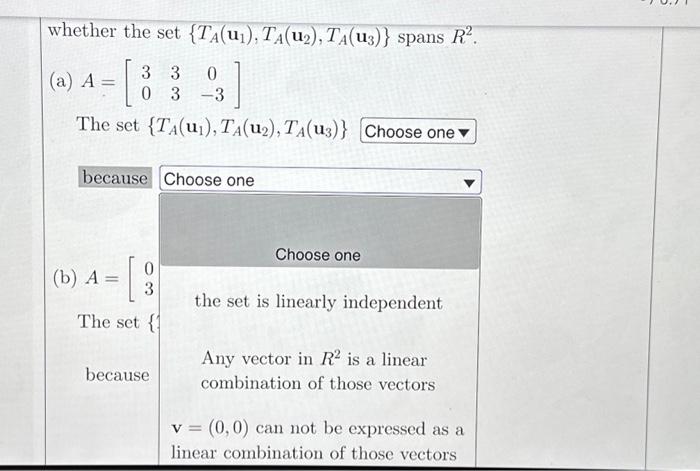 Solved In each part, let TA:R3→R2 be multiplication by A, | Chegg.com