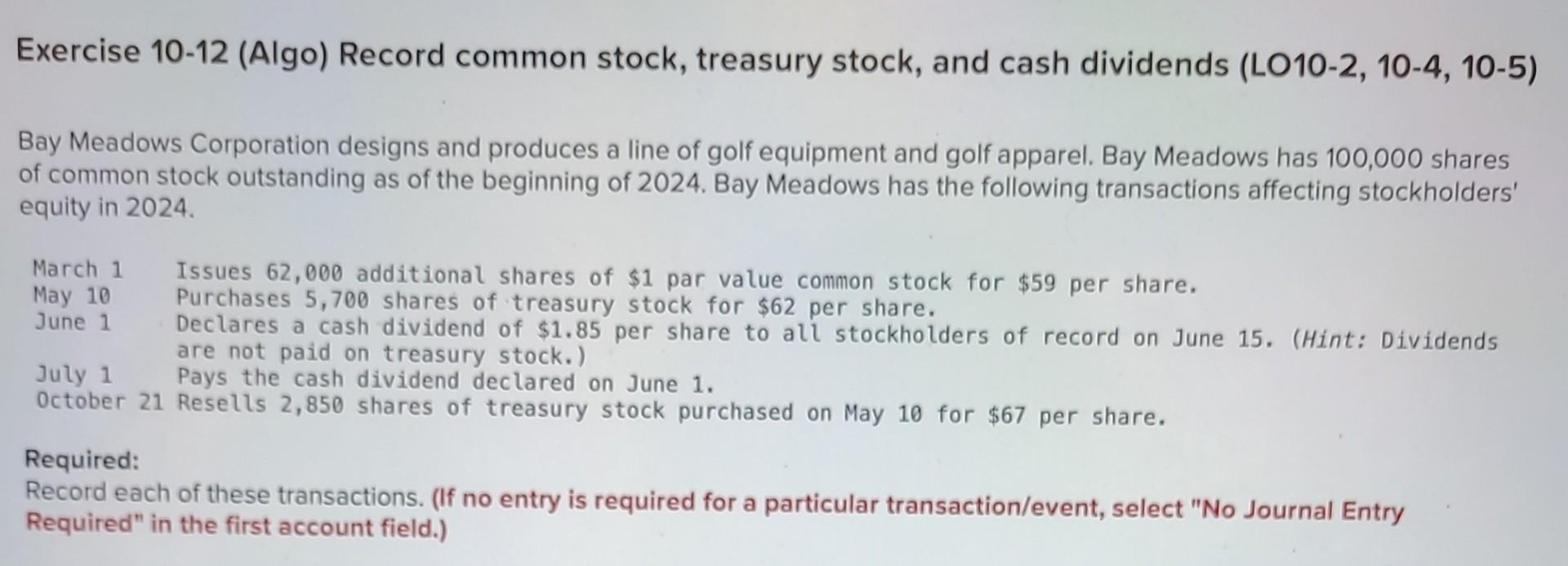 Solved Exercise 10-12 (Algo) Record common stock, treasury | Chegg.com