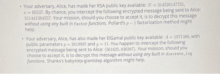 Solved - Your adversary, Alice, has made her RSA public key | Chegg.com