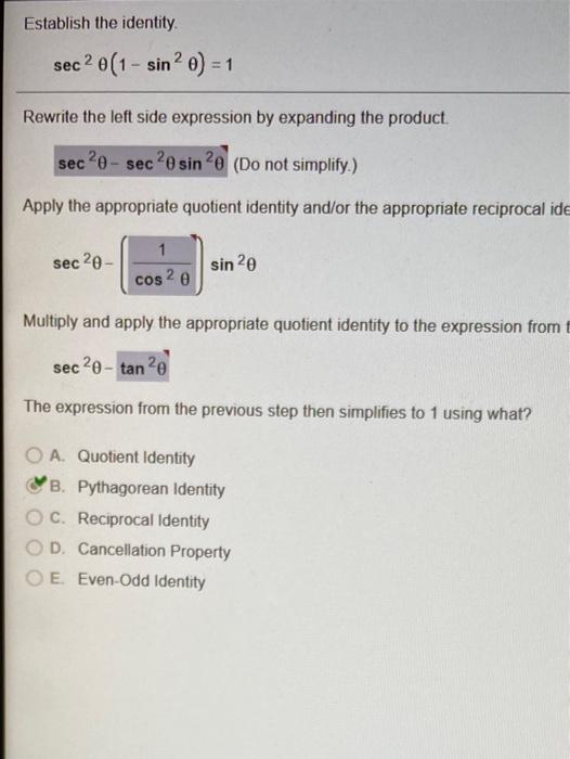 Solved Establish the identity. sec 2 0(1 - sin? e) = 1 | Chegg.com