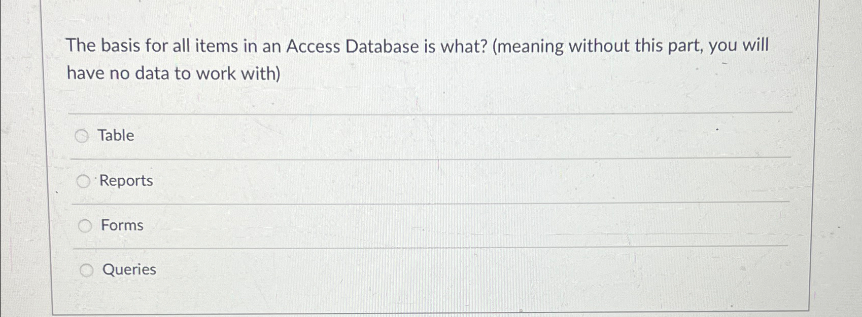 Solved The basis for all items in an Access Database is | Chegg.com
