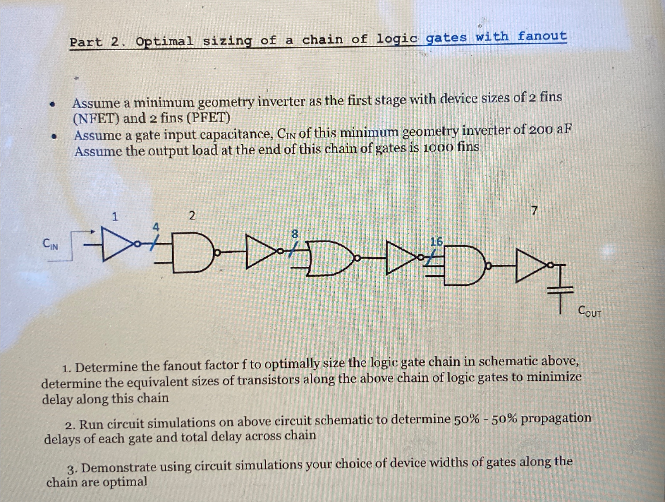 Part 2. ﻿Optimal sizing of a chain of logic gates | Chegg.com
