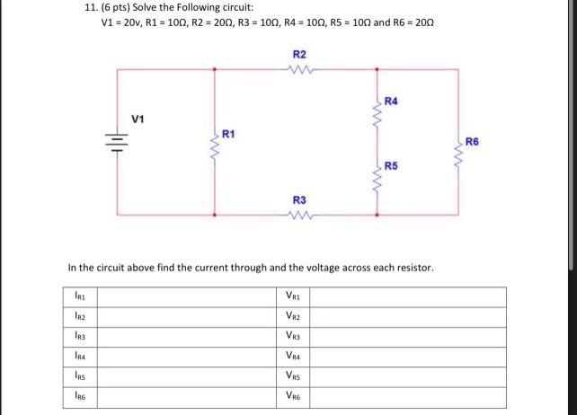 Solved 11. (6 pts) Solve the Following circuit: V1=20 | Chegg.com