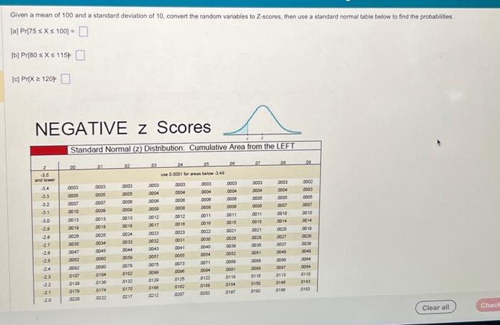 Solved Given a mean of 100 and a standard deviation of 10 , | Chegg.com