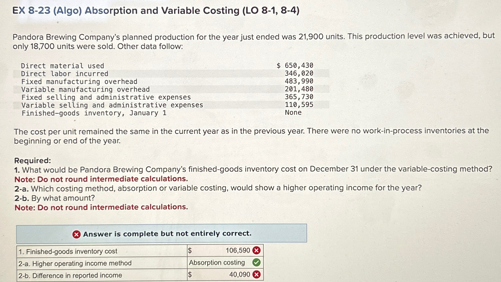Solved EX 8-23 (Algo) ﻿Absorption and Variable Costing (LO | Chegg.com