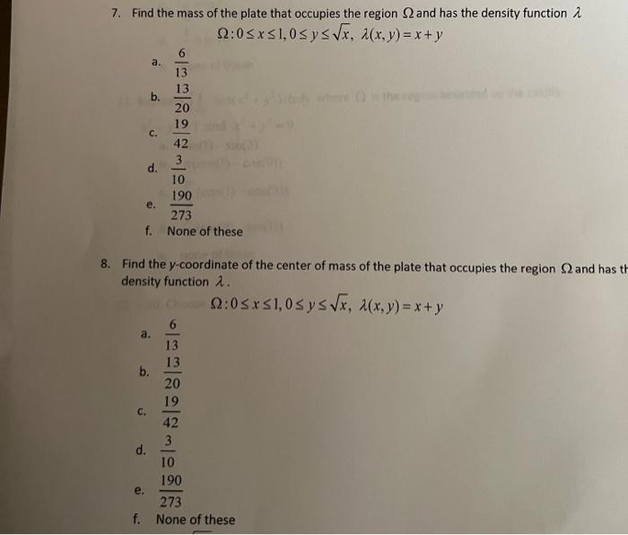 Solved 7. Find the mass of the plate that occupies the | Chegg.com