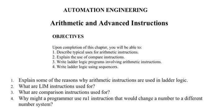 Solved AUTOMATION ENGINEERING Arithmetic and Advanced | Chegg.com
