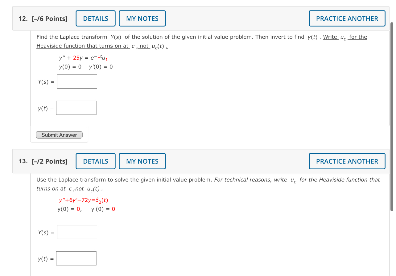 Solved [-/6 ﻿Points]Find the Laplace transform Y(s) ﻿of the | Chegg.com