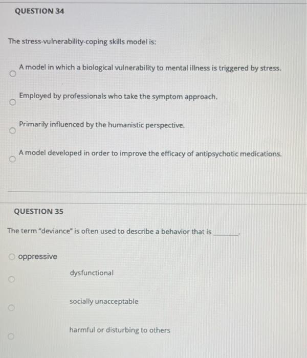 Solved QUESTION 34 The stress-vulnerability-coping skills | Chegg.com