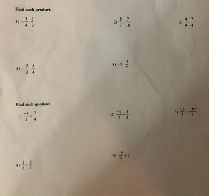 Solved Find each product. + 7 1) 5 1 4 3 8 7 7 10 5) -2. 4) | Chegg.com