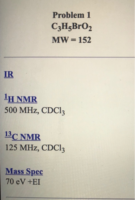 Solved Problem 1 C3H5BrO2 MW= 152 IR 1H NMR 500 MHz, CDC13 | Chegg.com