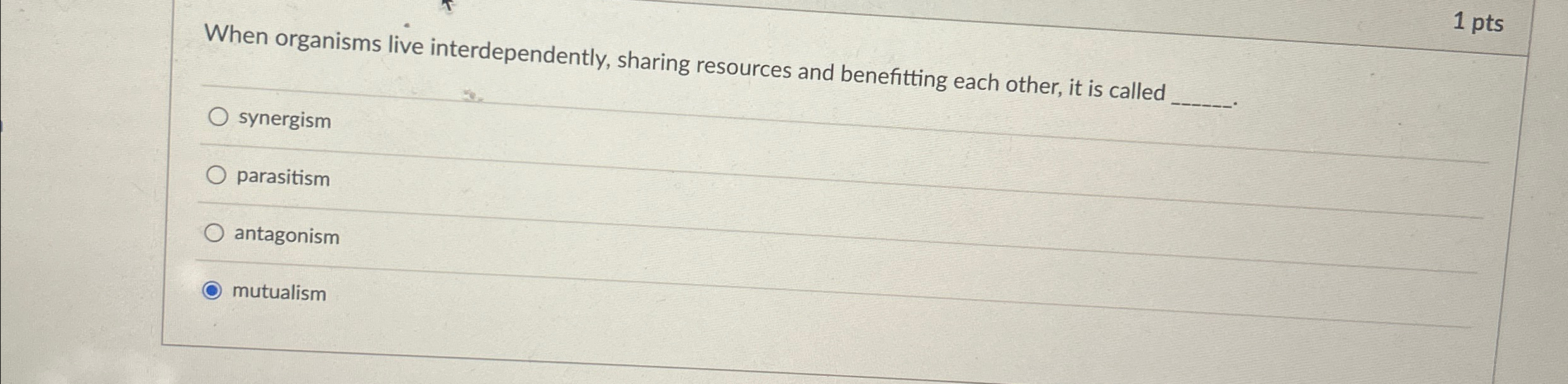 Solved 1 ﻿ptsWhen organisms live interdependently, sharing | Chegg.com