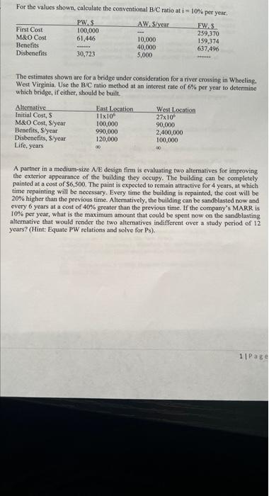 Solved For the values shown, calculate the conventional B/C | Chegg.com