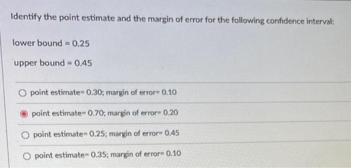Solved Identify the point estimate and the margin of error | Chegg.com