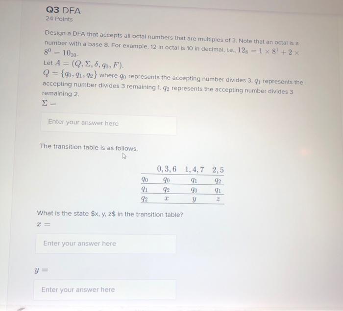 Solved Q3 DFA 24 Points Design a DFA that accepts all octal | Chegg.com