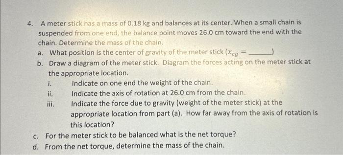 Solved 4. A meter stick has a mass of 0.18 kg and balances | Chegg.com
