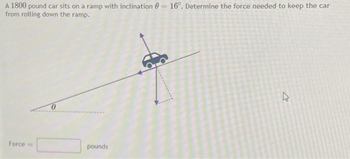 Solved A 1800 pound car sits on a ramp with inclination 0 = | Chegg.com