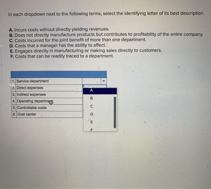Solved In each dropdown next to the following terms, select | Chegg.com