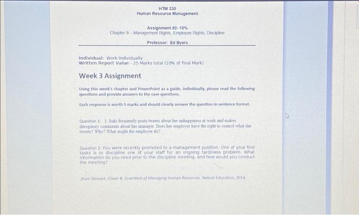 Solved HTM 330 Human Resource Management Assignment #2- 10% | Chegg.com