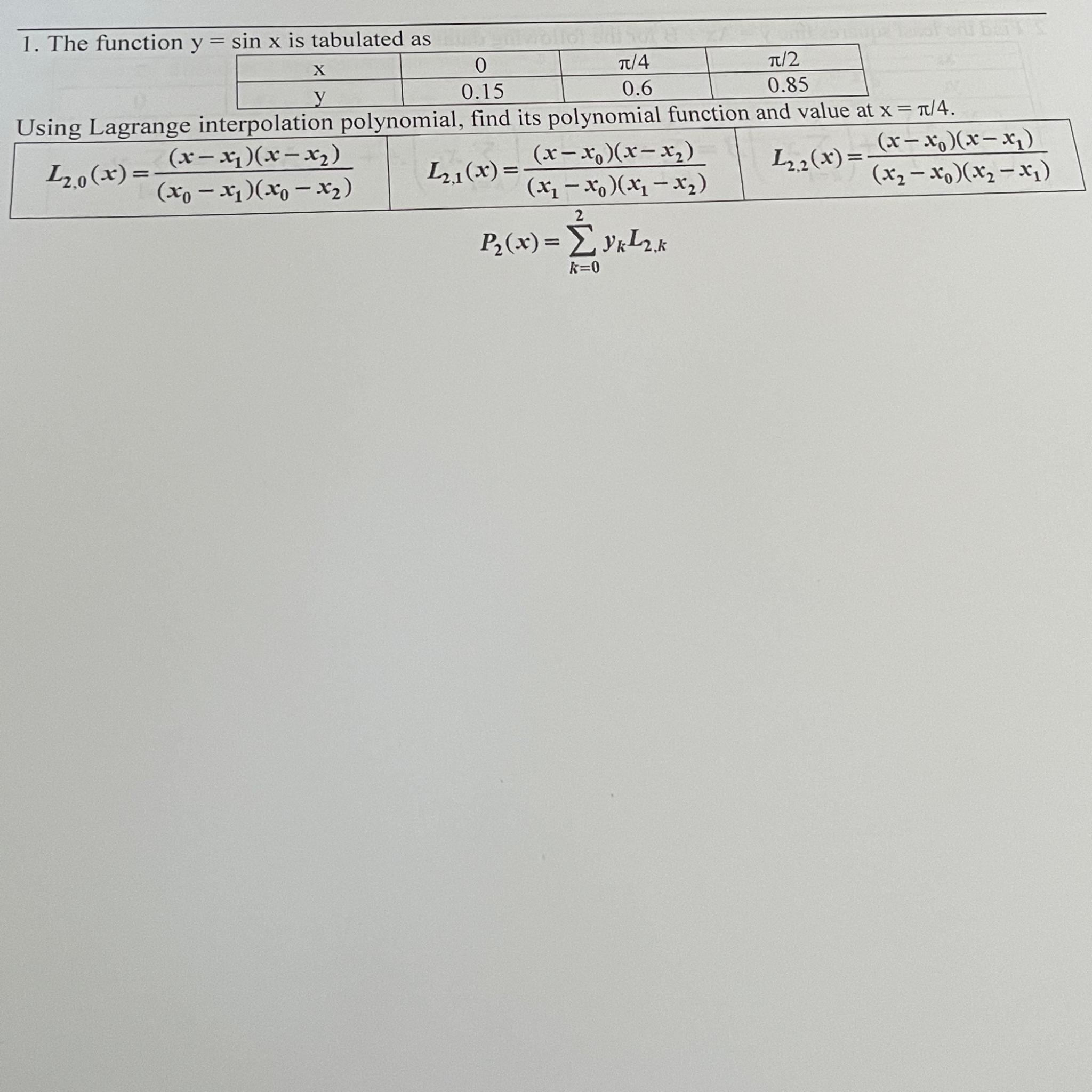 Solved The function y=sinx ﻿is tabulated as\table[[x,0,π4,π2 | Chegg.com