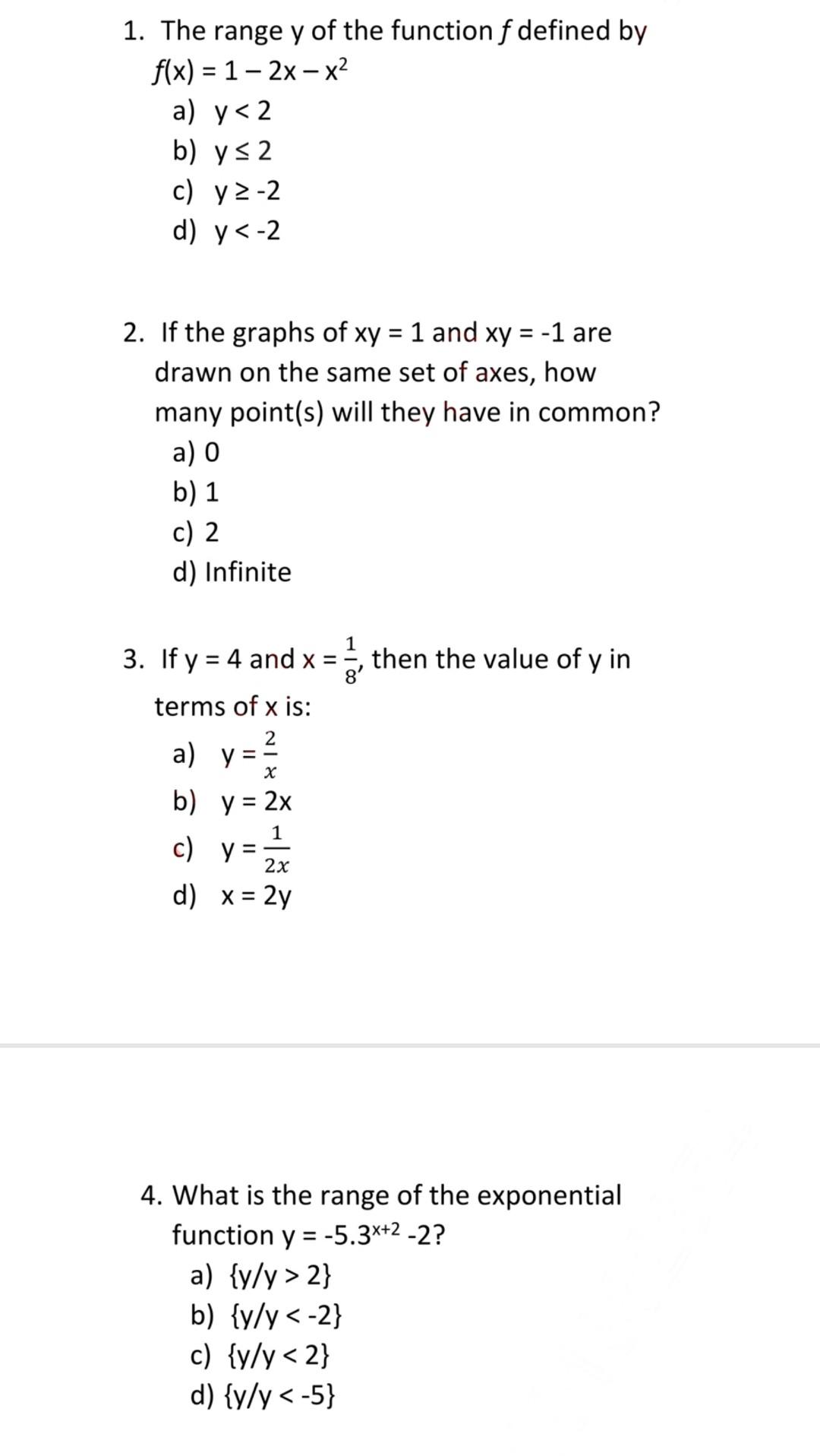 Solved 1. The range y of the function f defined by | Chegg.com