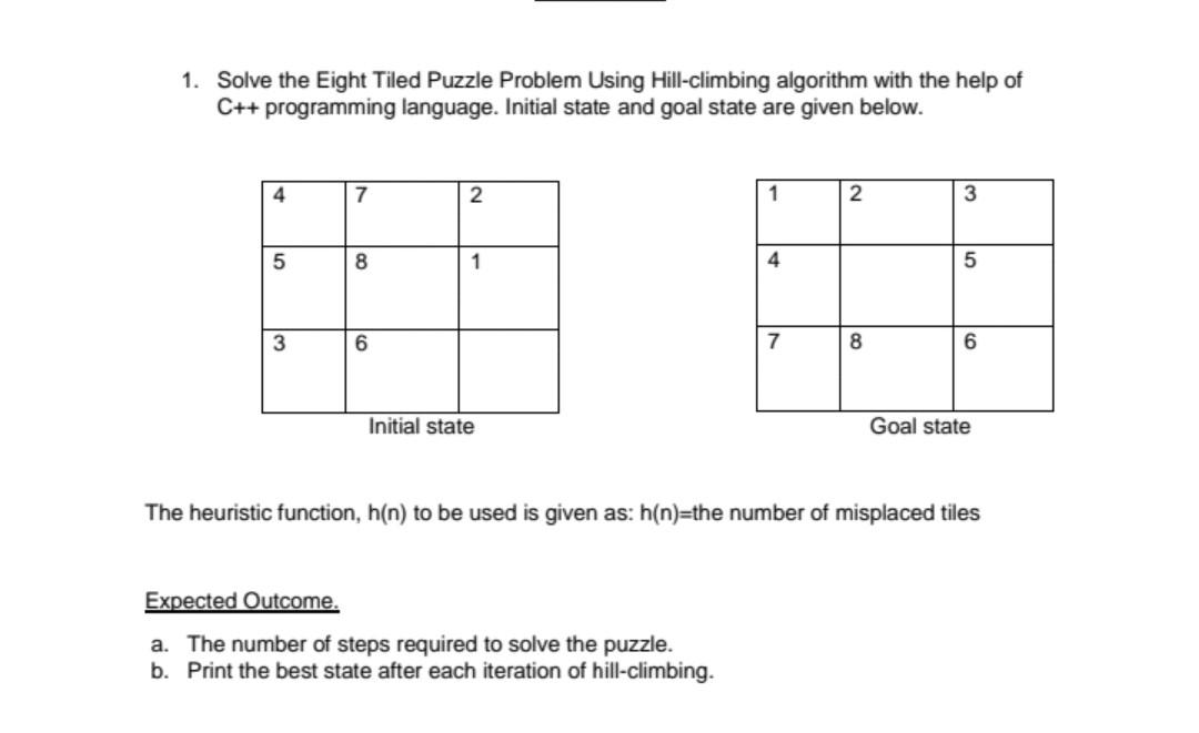 Solved 1. Solve the Eight Tiled Puzzle Problem Using | Chegg.com