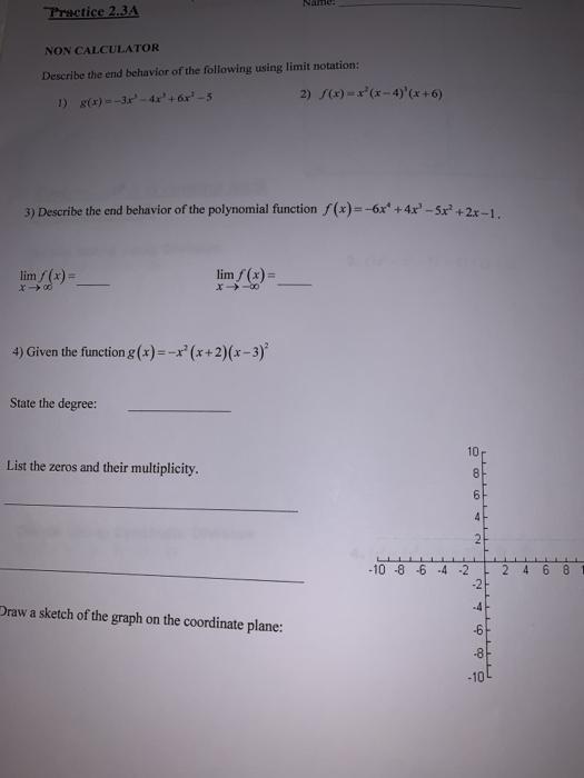 Solved Tractice 2.3A NON CALCULATOR Describe the end | Chegg.com