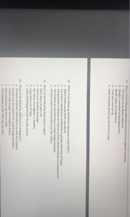 Solved 17. Which of the following statements has primarily | Chegg.com