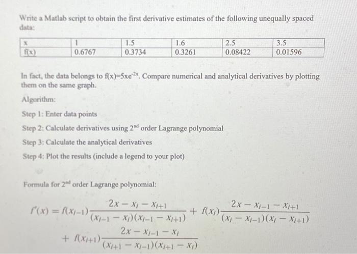 Write A Matlab Script To Obtain The First Derivative 