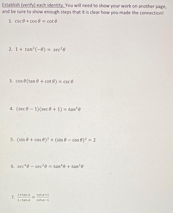 Solved Establish (verify) each identity. You will need to | Chegg.com