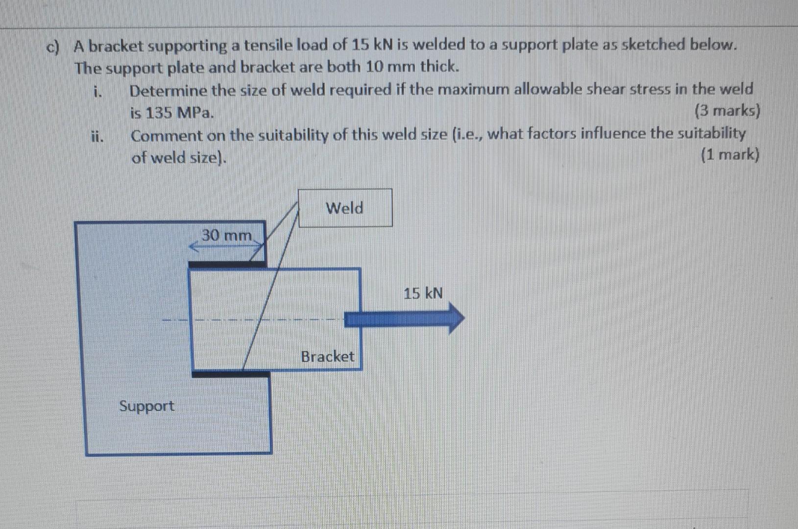 Solved c) A bracket supporting a tensile load of 15kN is | Chegg.com