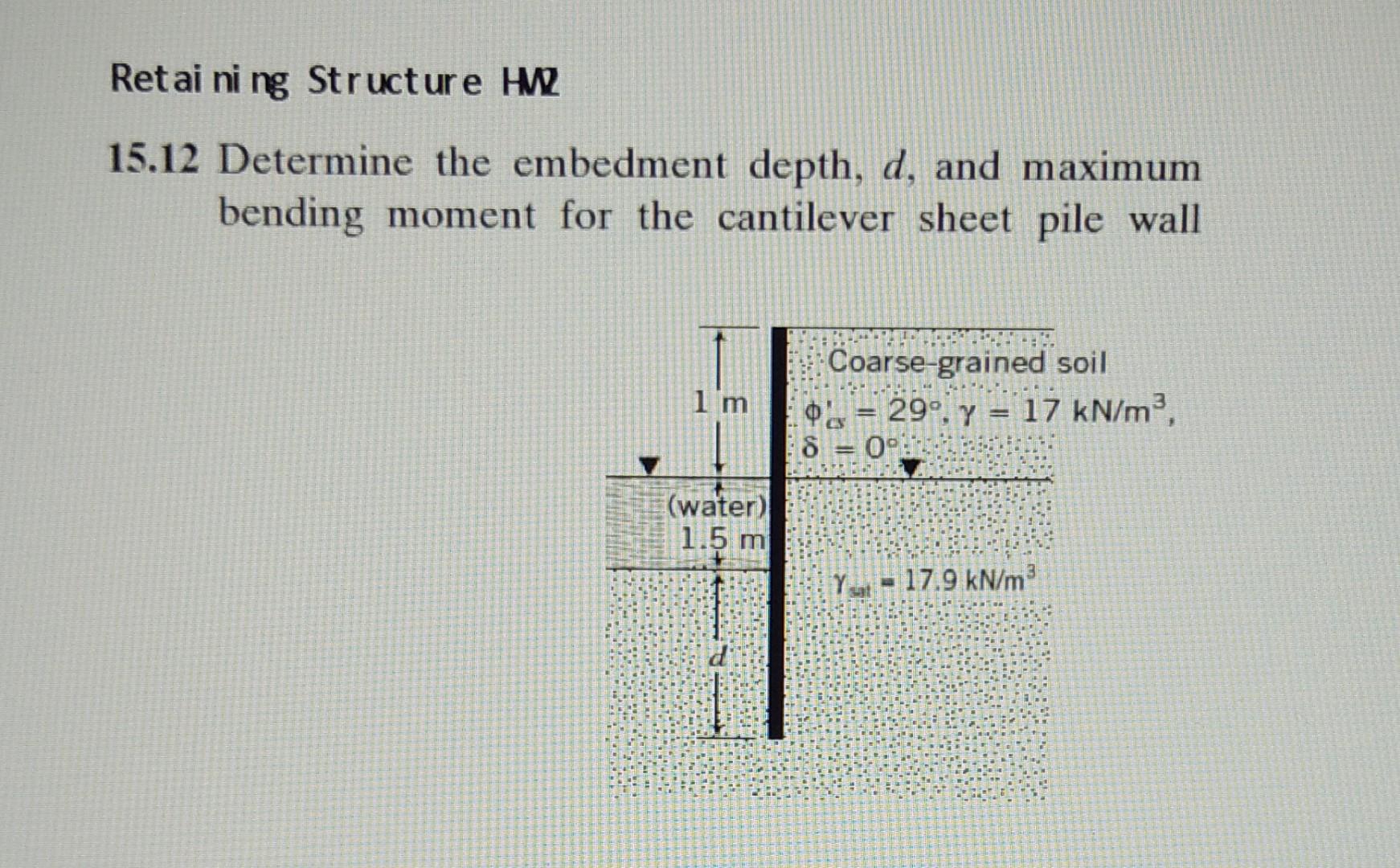 Solved 15.12 Determine the embedment depth, d, and maximum | Chegg.com