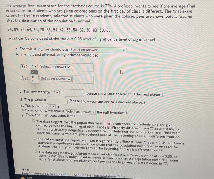 Solved The average final exam score for the statistics | Chegg.com