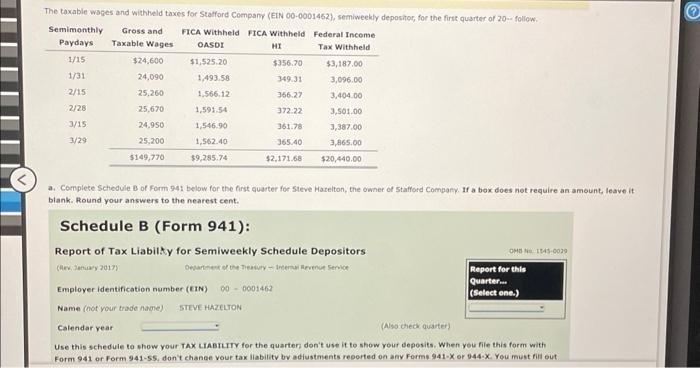 a. Complese Schedule B of Form 941 below for the | Chegg.com