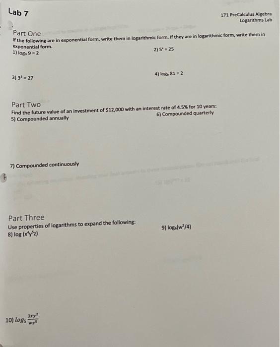 Solved Part One If the following are in exponential form, | Chegg.com