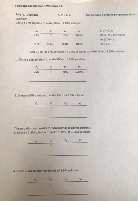 Solved Solutions and Dilutions. Worksheet 2. Use to make a | Chegg.com